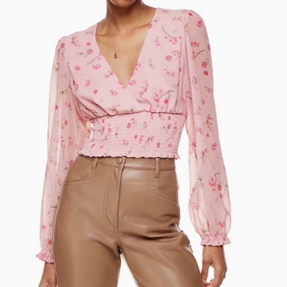 Aritzia | Tops | Aritzia Wilfred Pink Floral Long Sleeve Vneck Blouse ...